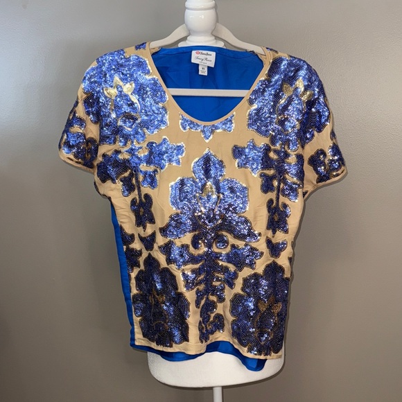 Tracy Reese | Tops | Tracy Reese Blue And Gold Sequin Blouse | Poshmark